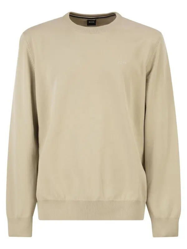 BOSS Cotton Crew Neck Sweater With Embroidered Logo - Cream