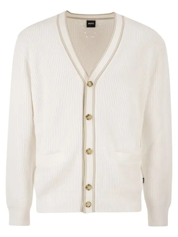 BOSS Ribbed Cotton Cardigan With Contrast Button Detailing - White