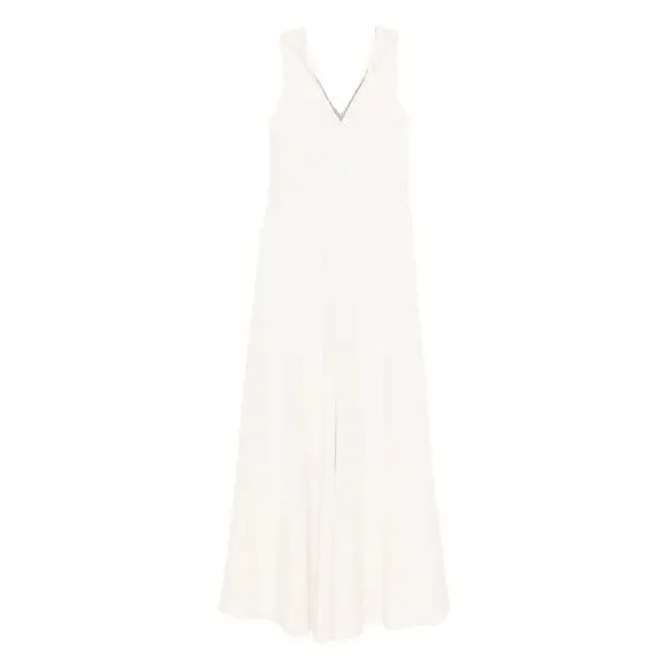 Brunello Cucinelli Off-white Silk And Acetate V-neck Floor-length Dress - Cream