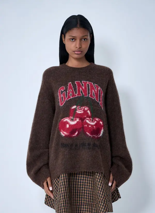 GANNI Brushed Knit Sweater With Graphic Motif - Brown