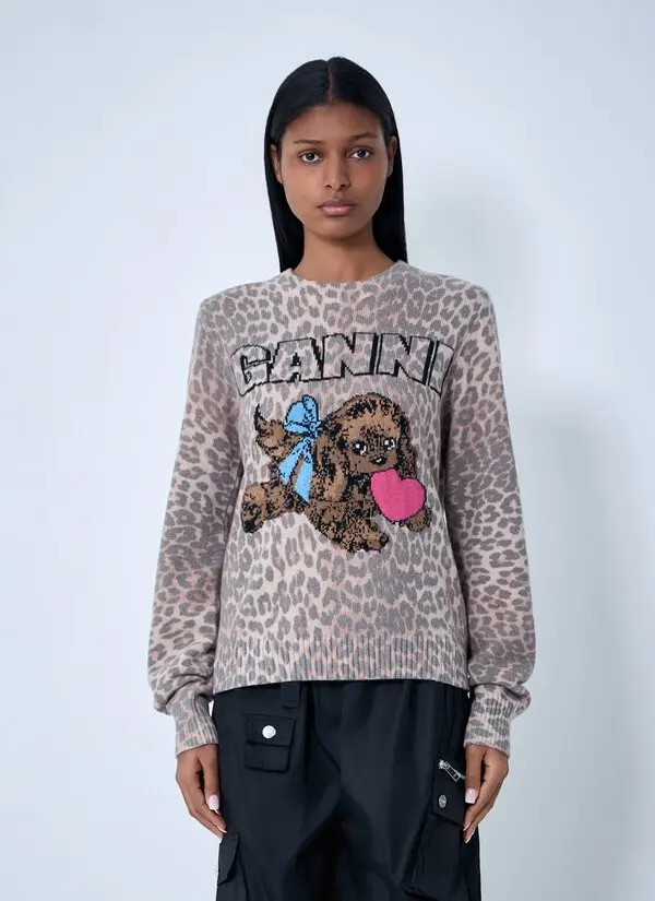 GANNI Leopard Print Knit Sweater With Graphic Dog Motif - Brown