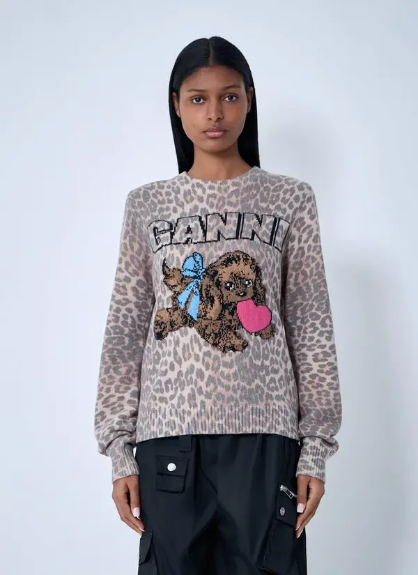 GANNI Leopard Print Knit Sweater With Graphic Dog Motif - Brown