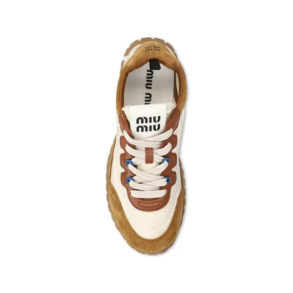Miu Miu Paneled Suede And Recycled Polyamide Lace-up Sneakers - Cream