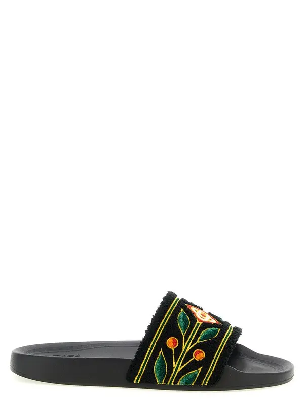 Casablanca Laurel Terry Slides With Embroidered Logo And Graphics - Black