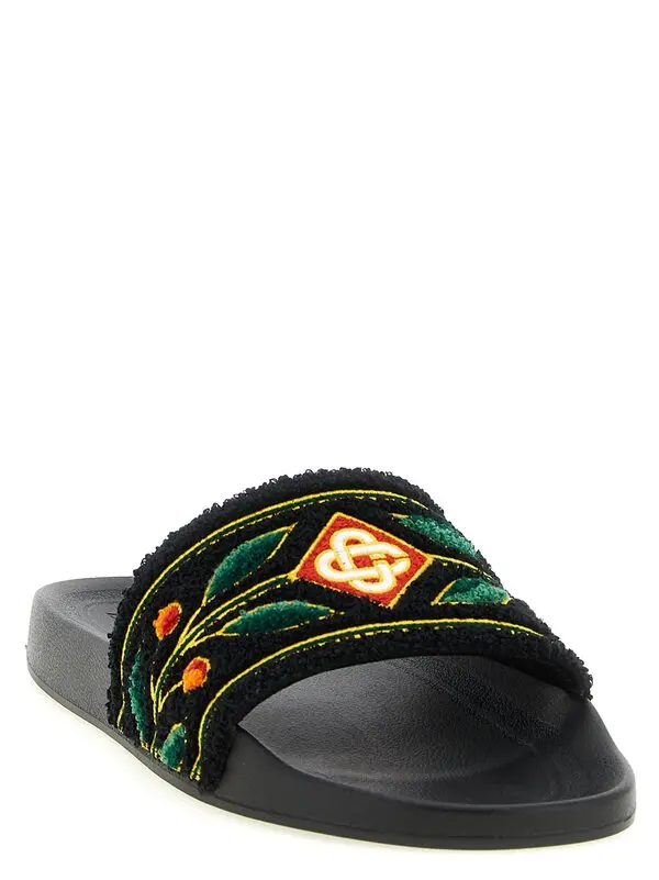Casablanca Laurel Terry Slides With Embroidered Logo And Graphics - Black