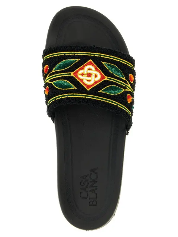 Casablanca Laurel Terry Slides With Embroidered Logo And Graphics - Black