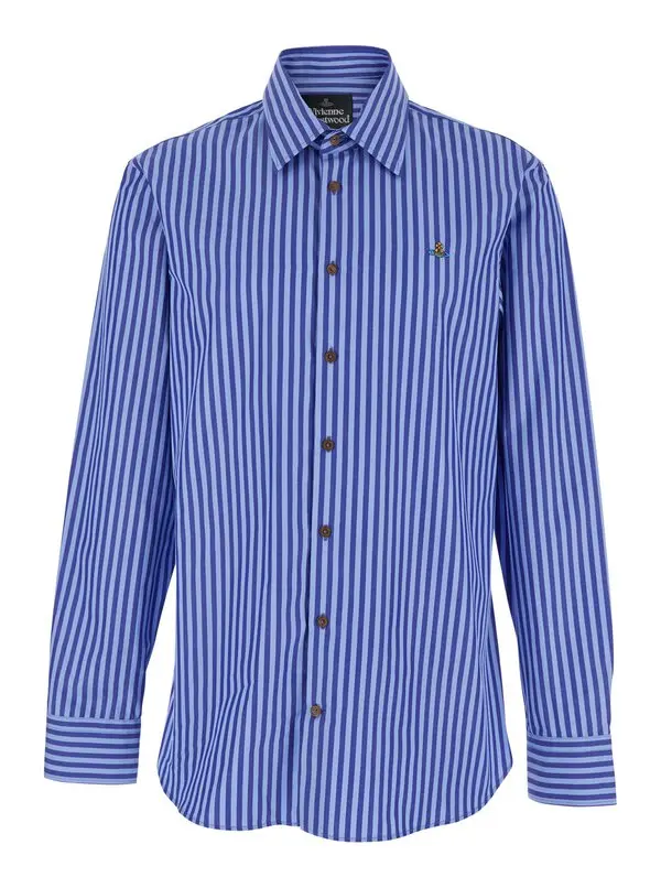 VIVIENNE WESTWOOD Blue Long-sleeved Shirt With Classic Collar And All-over Striped Motif Incotton For