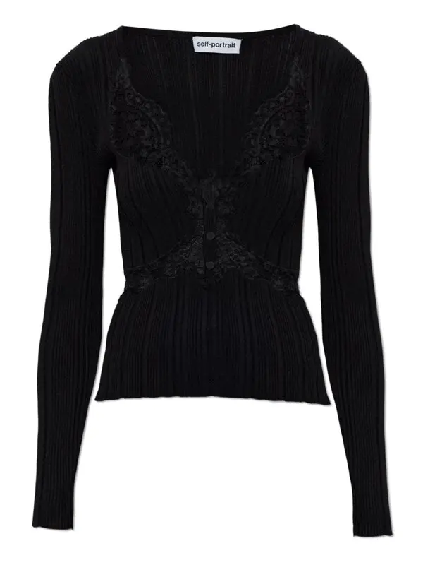 SELF-PORTRAIT Lace Detail Ribbed Top - Black