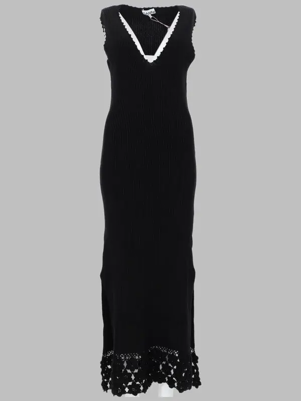 GANNI Long Crochet Trimmed Dress - Black