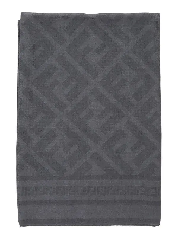 Fendi Scarf With Ff Motif All-over In Blend Wool And Silk - Gray