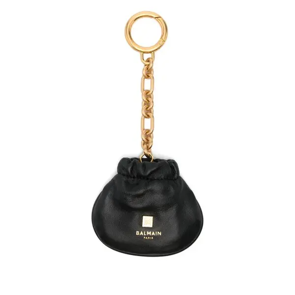 Balmain Leather Pouch Keychain With Gold-tone Chain - Black