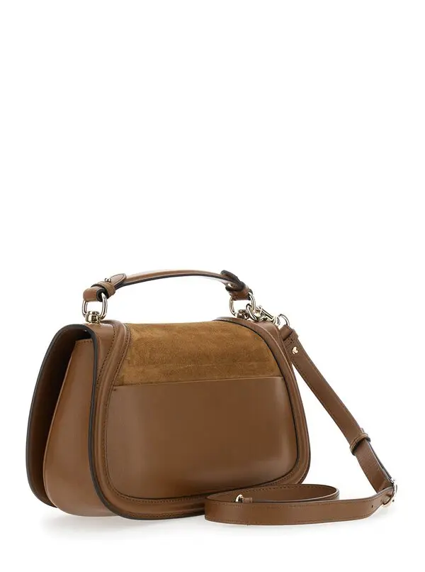 Gucci Blondie Handbag With Gg Logo Plaque In Suede - Brown