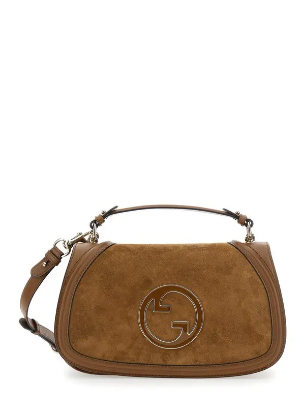 Gucci Blondie Handbag With Gg Logo Plaque In Suede - Brown