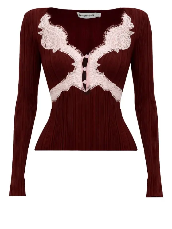 SELF-PORTRAIT Ribbed Knit Top With Lace Detailing - Multicolor