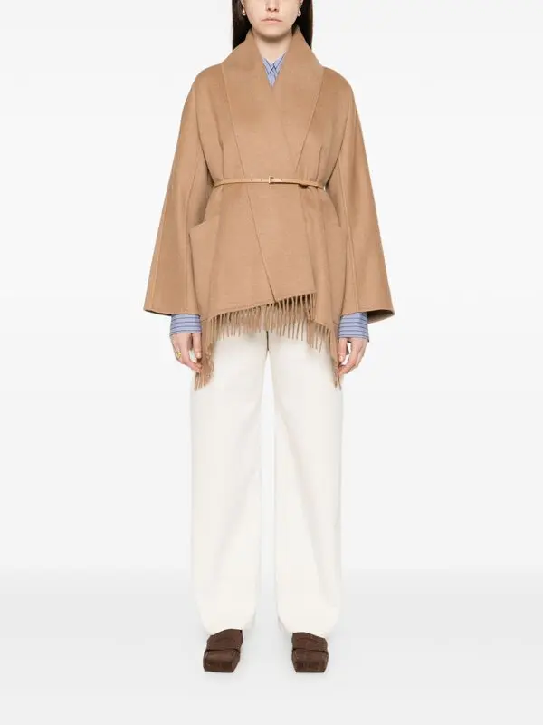 Max Mara Wool Coat With Shawl Lapels And Fringed Hem - Multicolor