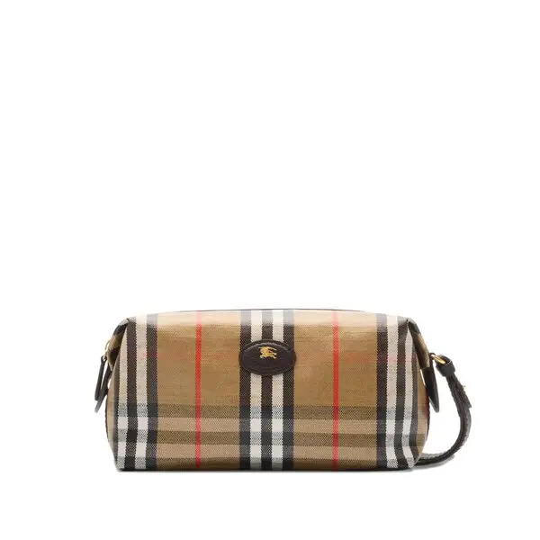 Burberry Check Pattern Leather Trimmed Wash Bag - Cream