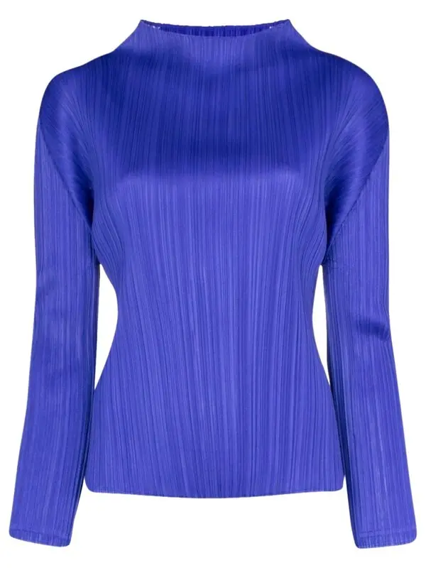Issey Miyake High Neck Pleated Long Sleeve Top - Blue