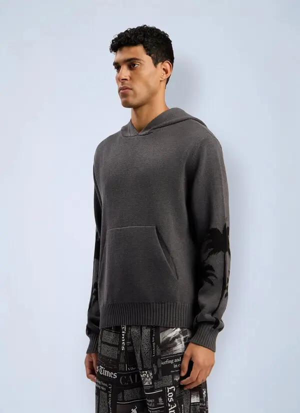 Palm Angels Knit Hooded Sweatshirt With Palm Tree Sleeve Detail