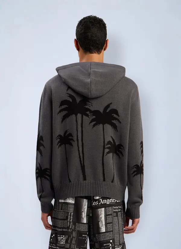 Palm Angels Knit Hooded Sweatshirt With Palm Tree Sleeve Detail