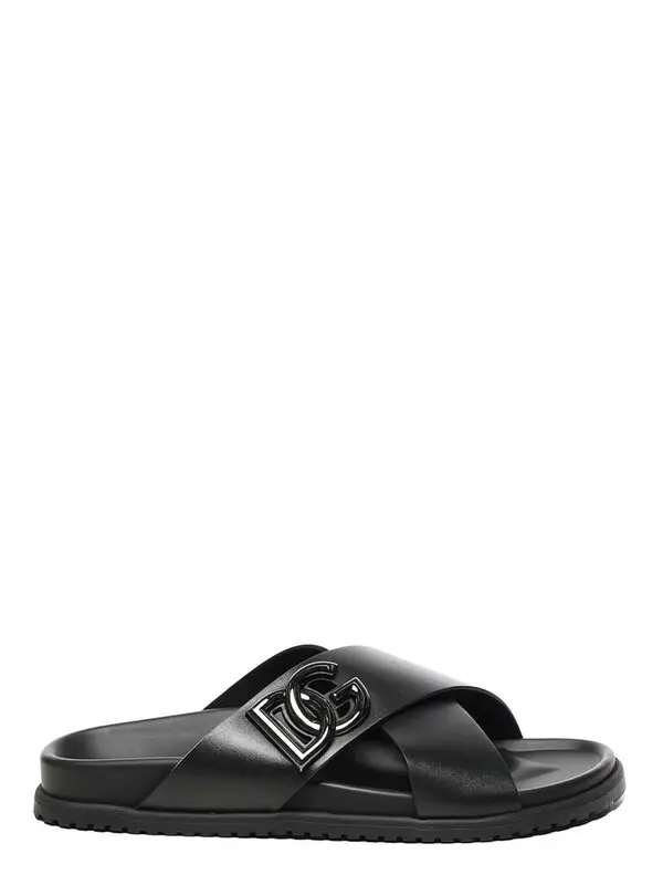 Dolce & Gabbana Calfskin Cross Strap Sandals With Dg Logo - Black