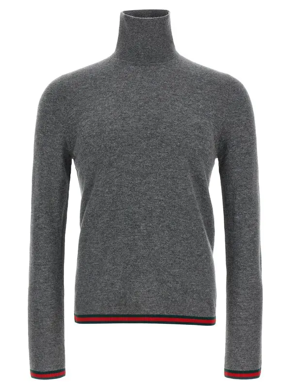 Gucci Cashmere High Neck Sweater With Web Ribbon - Gray