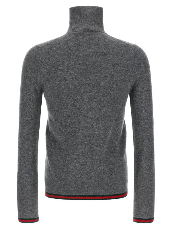 Gucci Cashmere High Neck Sweater With Web Ribbon - Gray