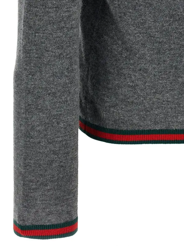Gucci Cashmere High Neck Sweater With Web Ribbon - Gray
