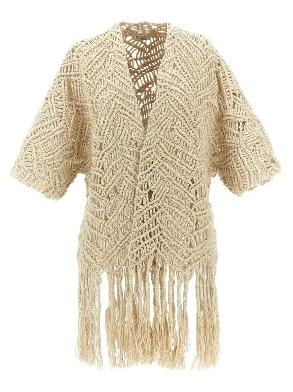 Brunello Cucinelli Opera Macramé Cardigan With Sequins And Fringe - Cream