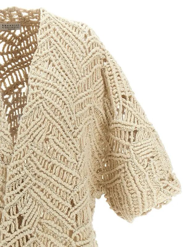 Brunello Cucinelli Opera Macramé Cardigan With Sequins And Fringe - Cream