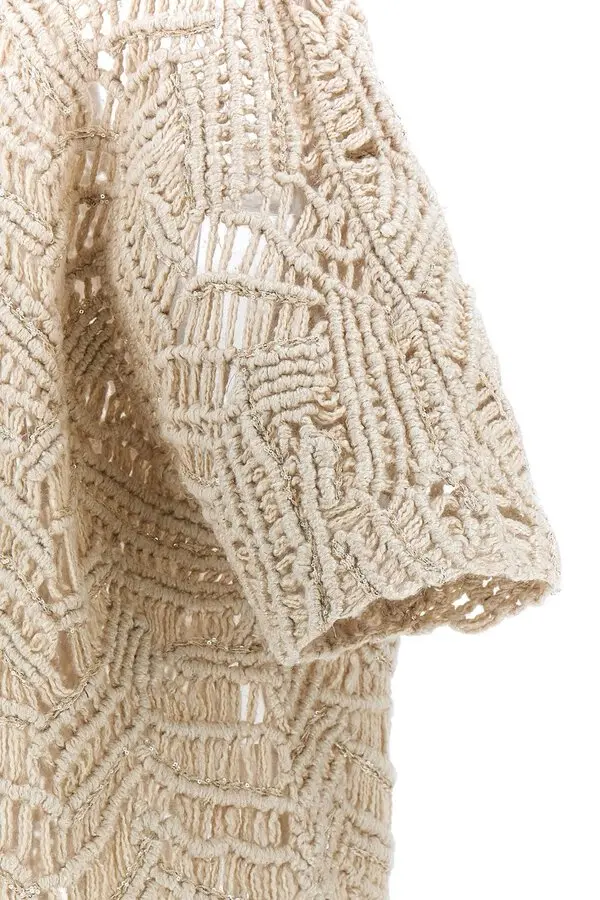 Brunello Cucinelli Opera Macramé Cardigan With Sequins And Fringe - Cream