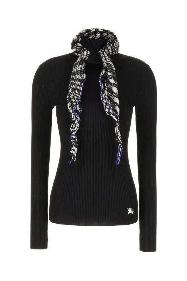 Burberry Ribbed Turtleneck Top With Houndstooth Scarf Detail