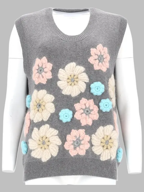 GANNI Floral Appliqué Knit Vest - Gray