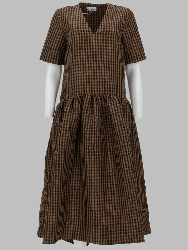 GANNI V-neck Checked Recycled Polyester Dress