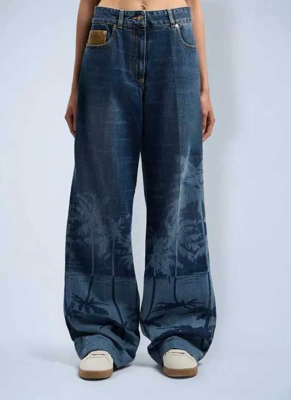 Palm Angels Loose Denim Pants With Palm Tree Motif - Blue