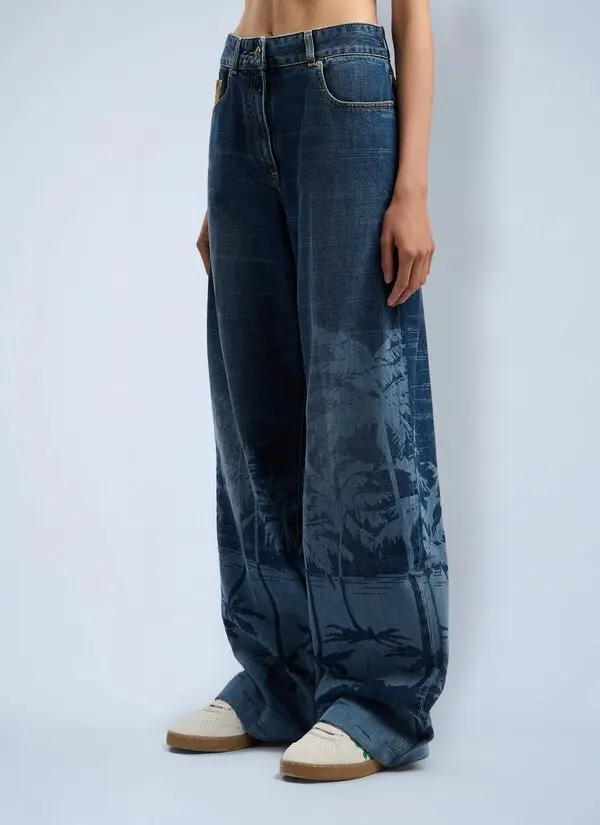 Palm Angels Loose Denim Pants With Palm Tree Motif