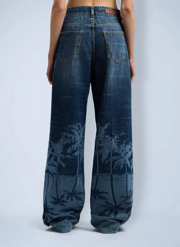 Palm Angels Loose Denim Pants With Palm Tree Motif
