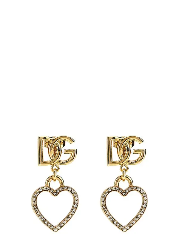 Dolce & Gabbana Tone Logo Heart Crystal Pendant Earrings - Gold