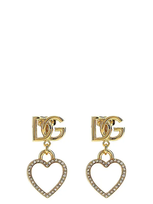 Dolce & Gabbana Tone Logo Heart Crystal Pendant Earrings - Gold