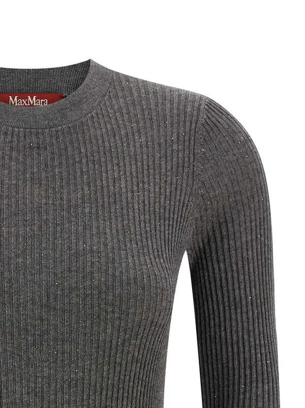 Max Mara Marabu Ribbed Knit Wool And Silk Blend Sweater With Micro Sequins - Gray