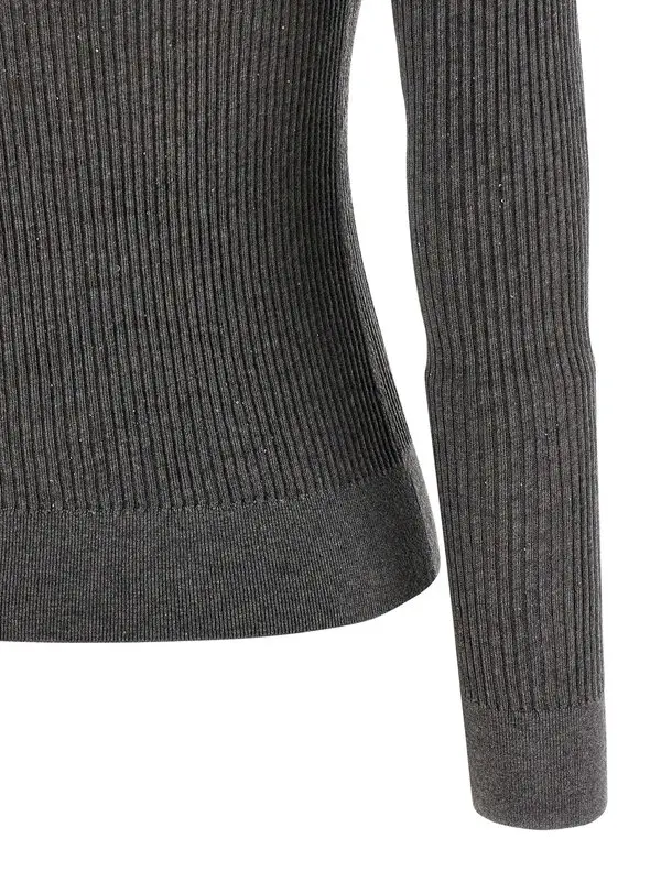 Max Mara Marabu Ribbed Knit Wool And Silk Blend Sweater With Micro Sequins - Gray