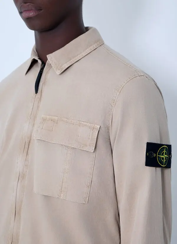 Stone Island Cotton Zip-down Overshirt With Compass Patch - Cream