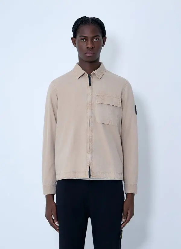 Stone Island Cotton Zip-down Overshirt With Compass Patch - Cream