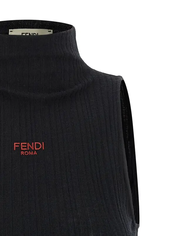 Fendi Ribbed High Neck Top With Ruffled Hem