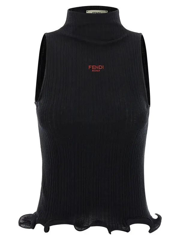 Fendi Ribbed High Neck Top With Ruffled Hem - Black