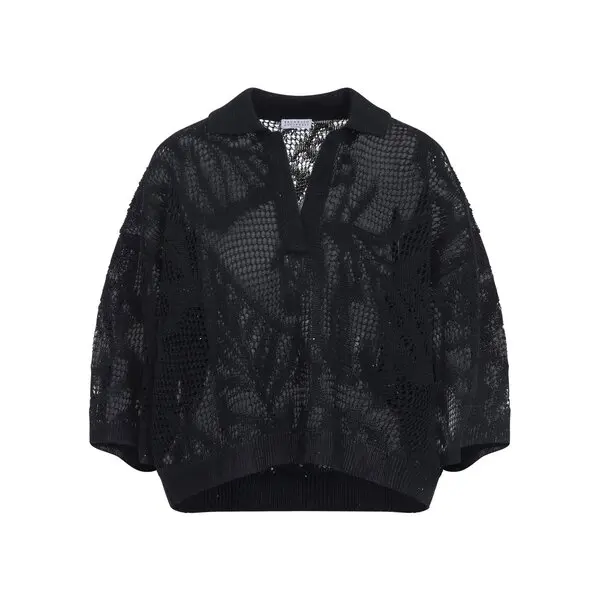 Brunello Cucinelli Crocheted Linen Polo With Floral Embroidery And Sequins