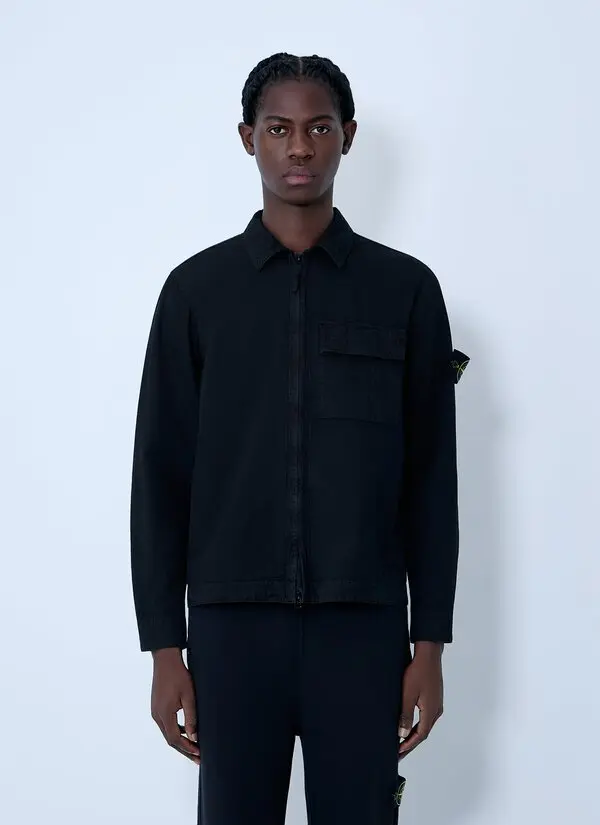 Stone Island Cotton Zip-up Shirt With Compass Patch - Black