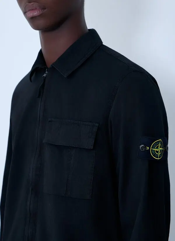 Stone Island Cotton Zip-up Shirt With Compass Patch - Black