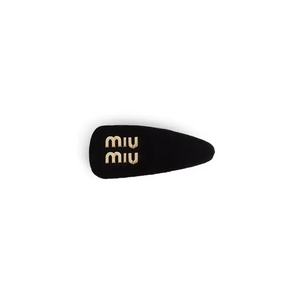 Miu Miu Velvet Hair Pin With Gold Tone Logo - Black