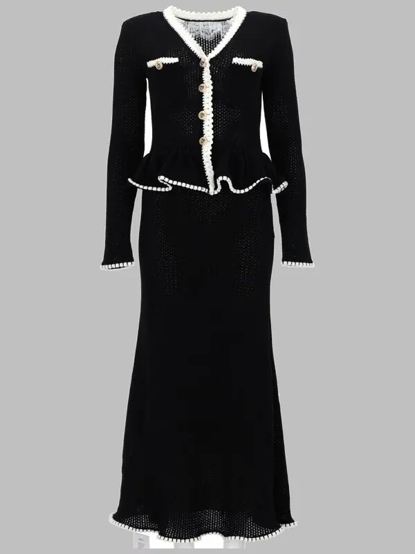 SELF-PORTRAIT Knit Midi Dress With Lace And Ruffle Inserts