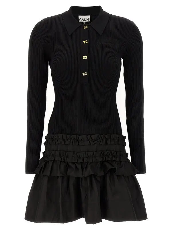 GANNI Rib Knit Polo Mini Dress With Ruffled Skirt - Black